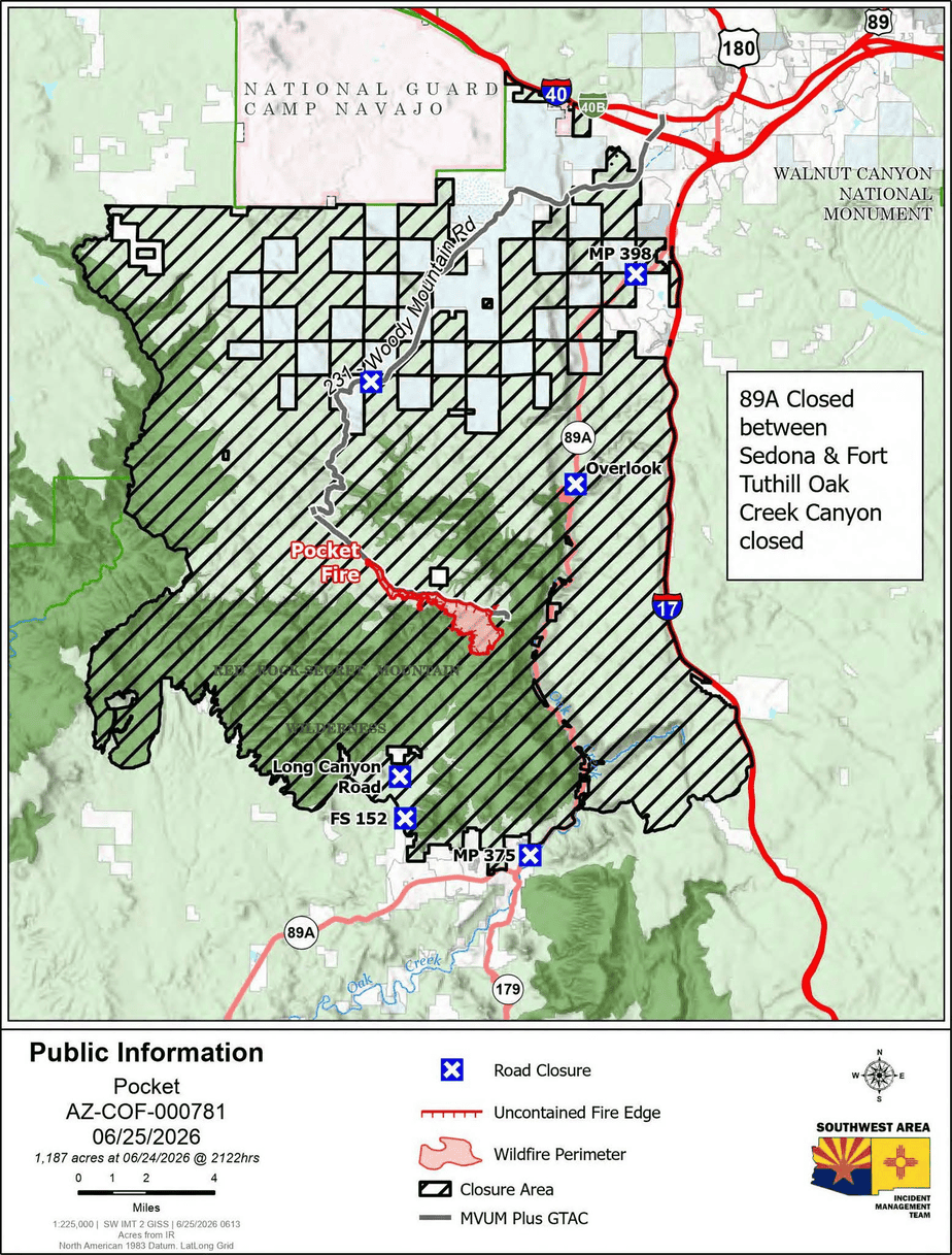 Pocket Fire seven miles north of Sedona grows to 1,187 acres; as seen ...